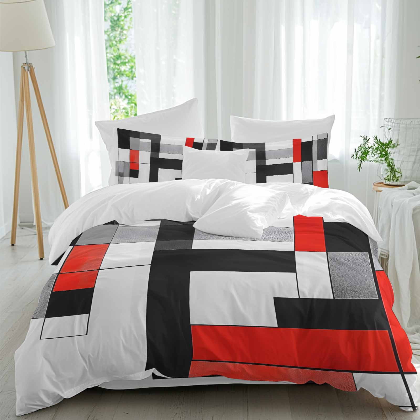 Abstract Patchwork Square Queen Size Bed Set,Modern Geometric Red White ...