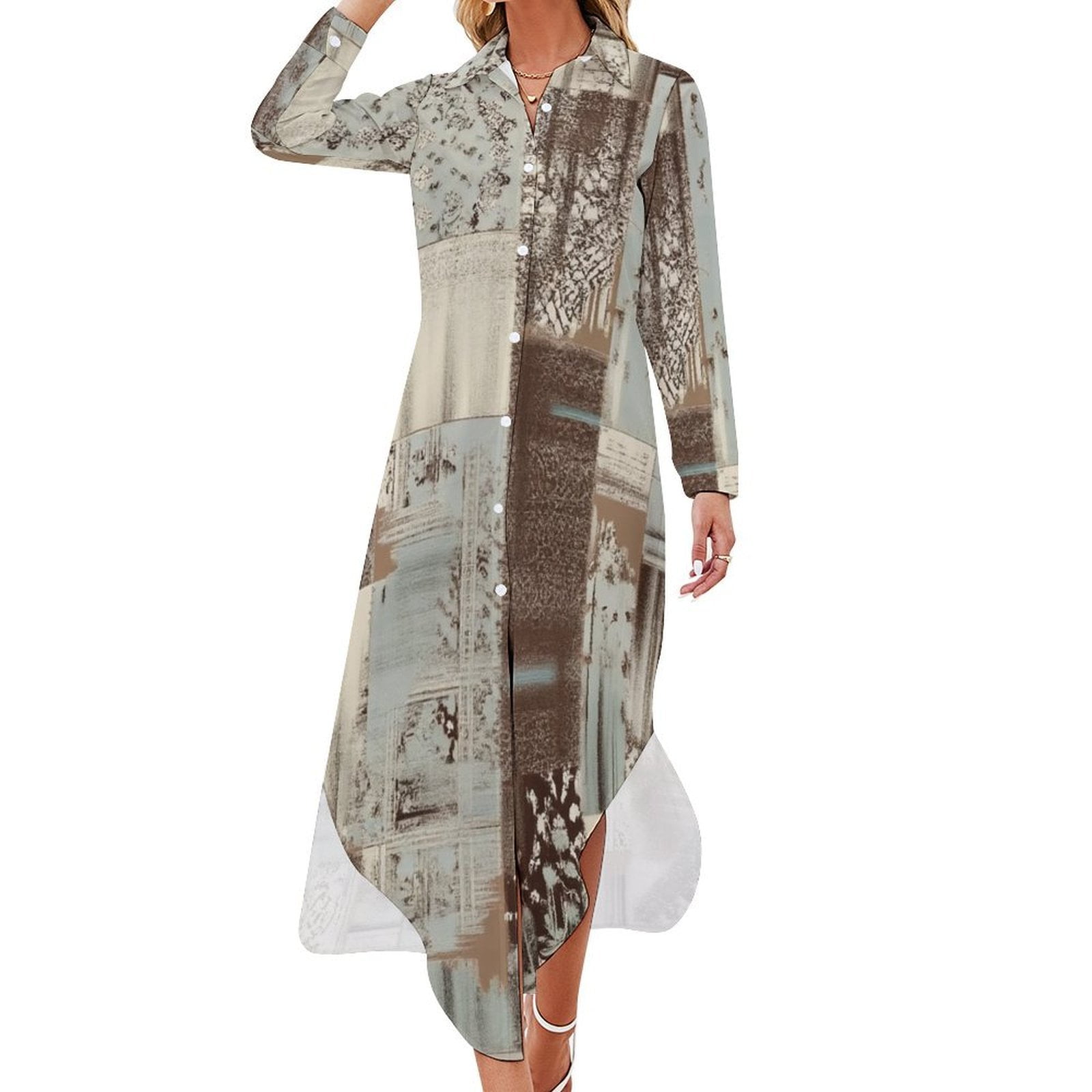 Abstract Patchwork Textile Design Shirt Dress Long Sleeve Street ...