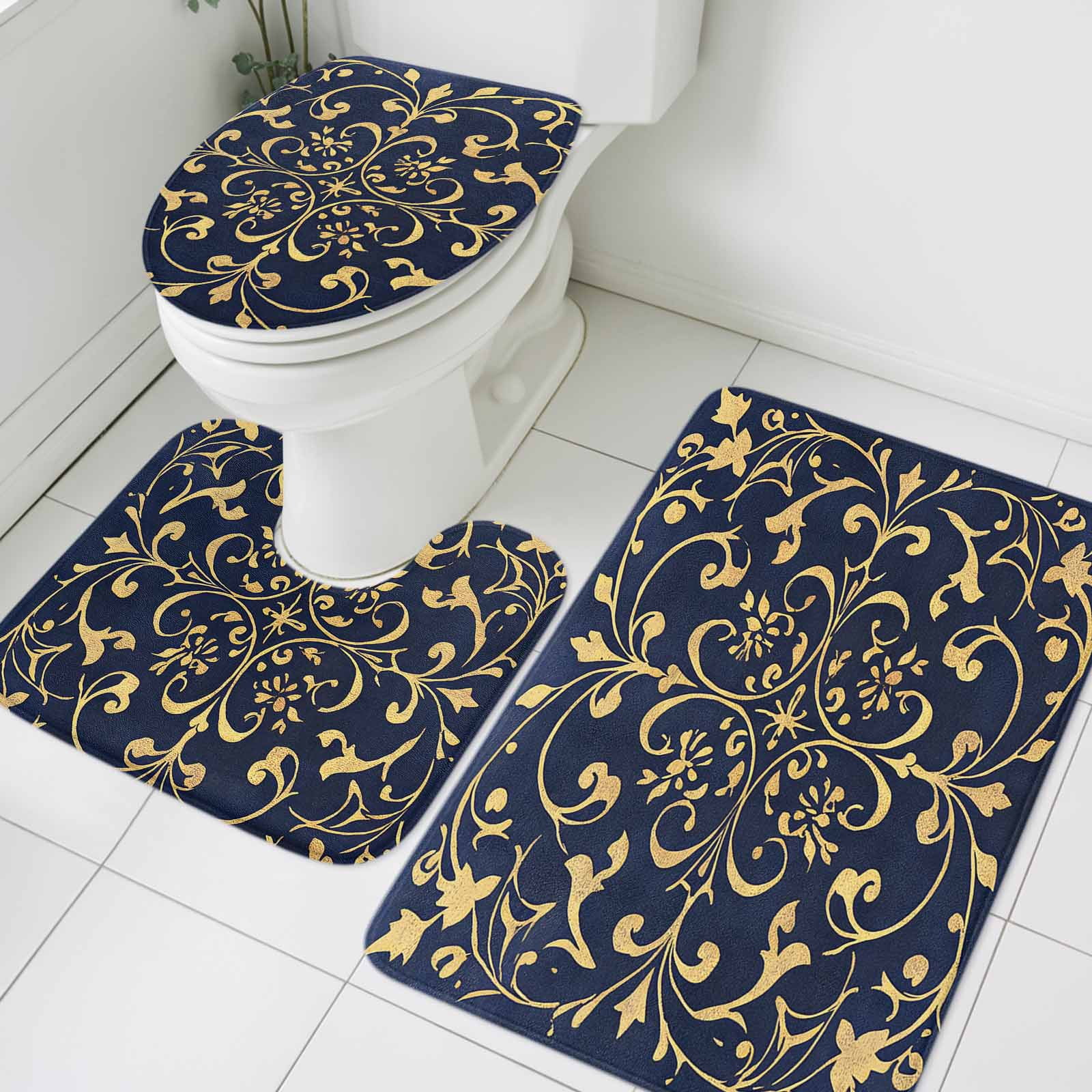 Abstract Pattern Bathroom Rugs Set Golden Flower Baroque Style Navy ...