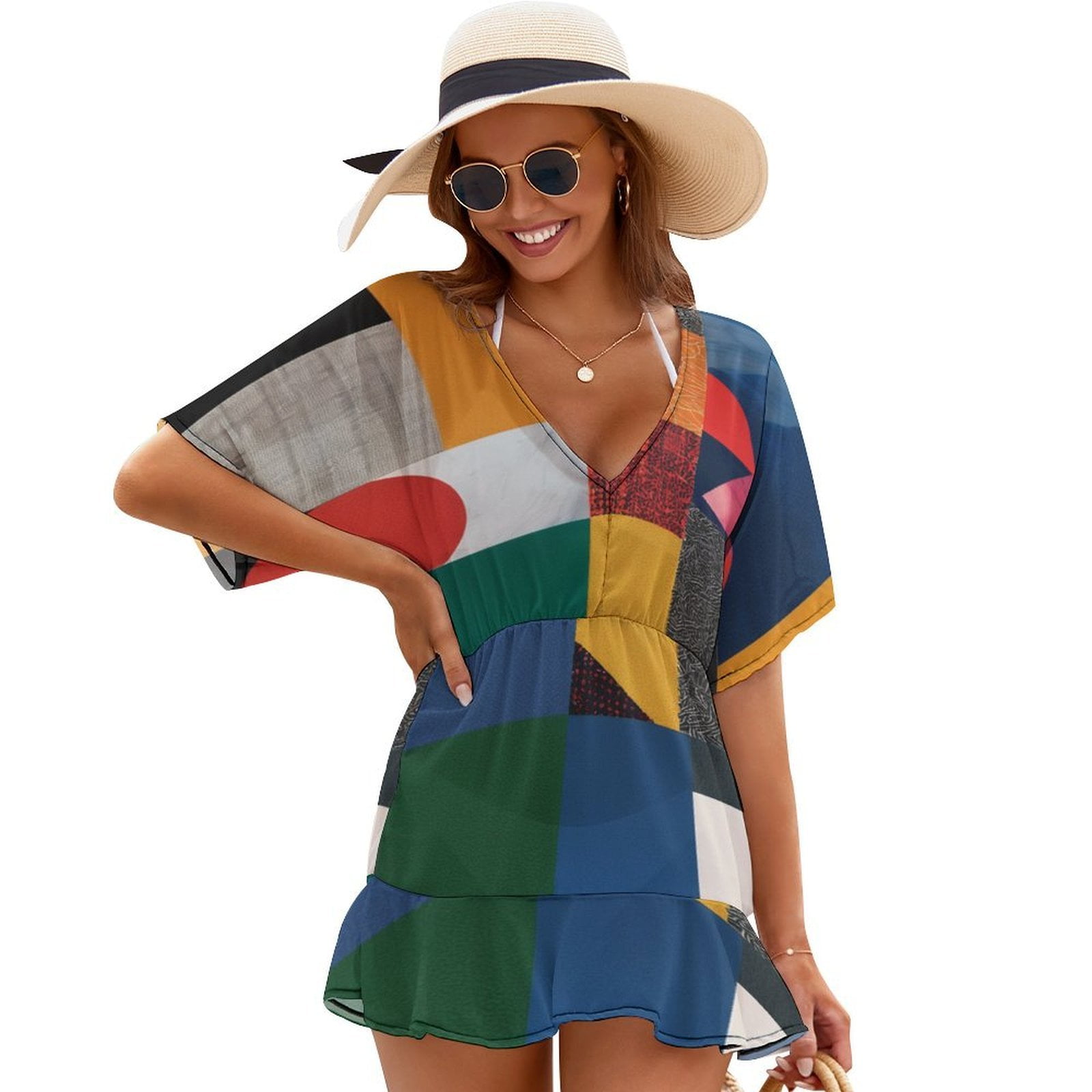 Abstract Pattern Collage Beach Cover Ups Women V Neck Short Sleeve ...