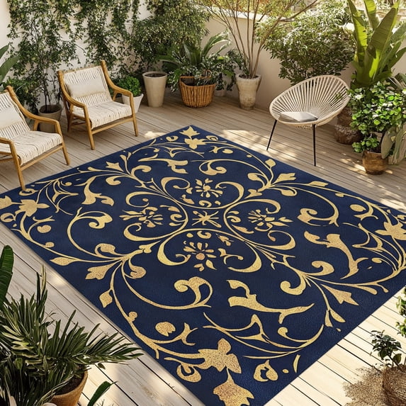 Abstract Pattern Outdoor Rug, Golden Flower Baroque Style Navy Blue ...