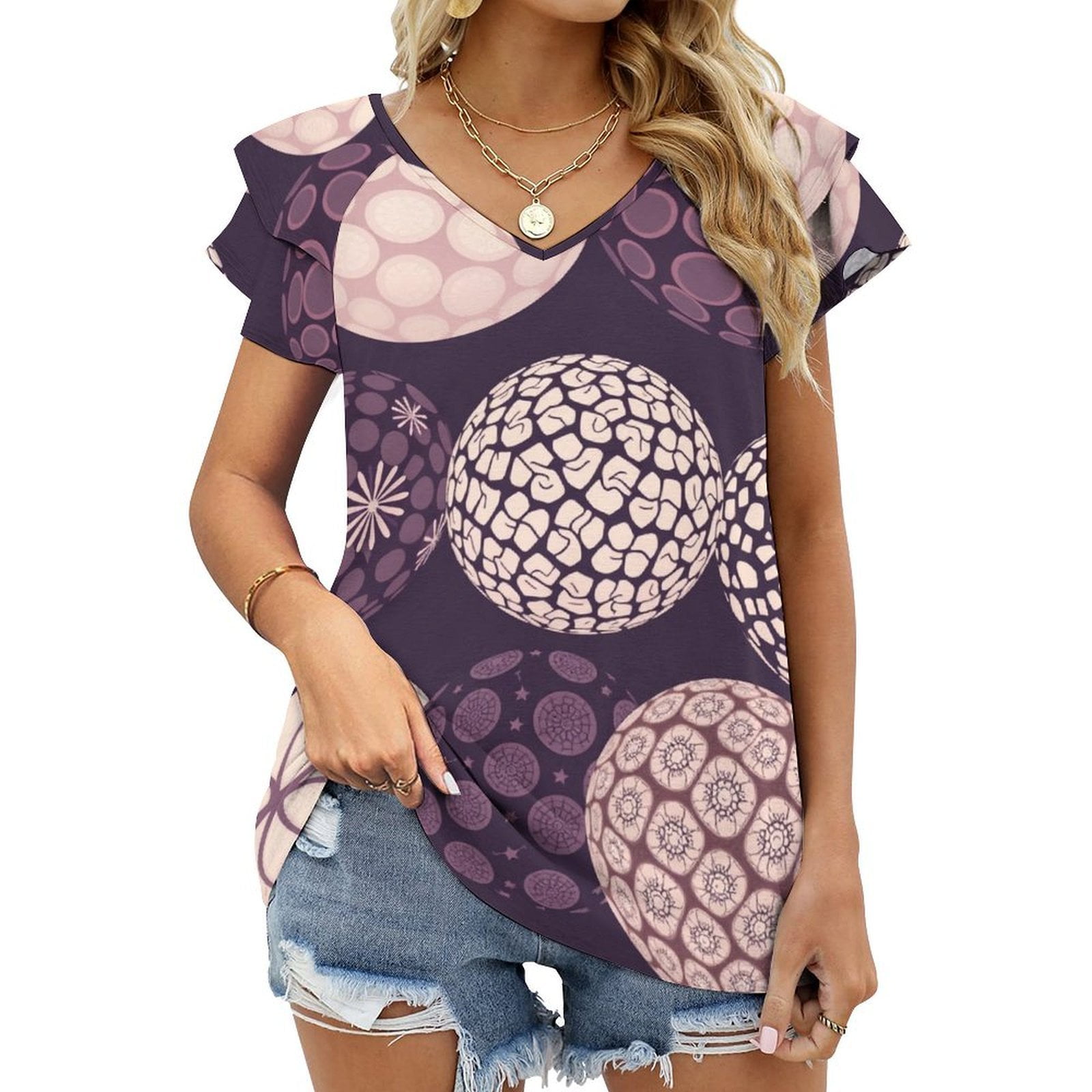 Abstract Patterned Spheres Women Lotus Leaf Neck Short Sleeve Top ...