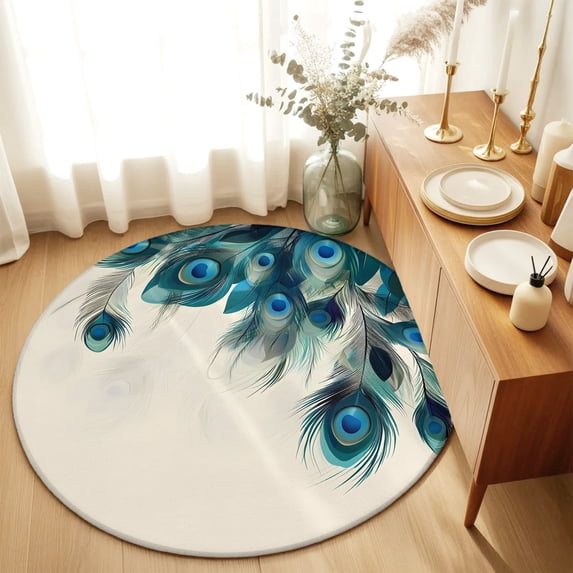 Abstract Peacock Feather on Beige Round Rug 3ft Animal Plume Art ...