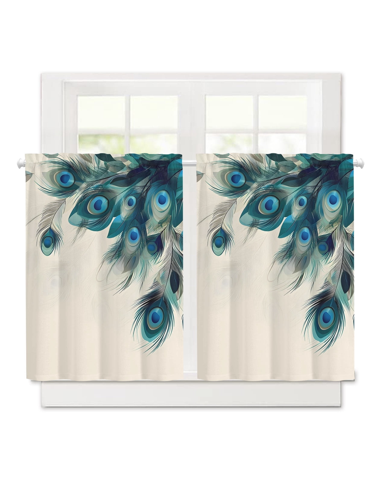 Abstract Peacock Feather on Beige Short Blackout Curtains 36 Inch Long ...