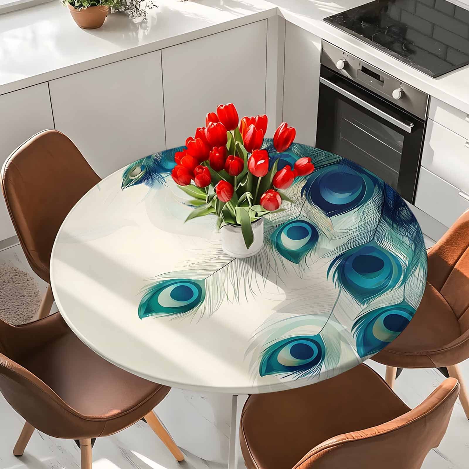 Abstract Peacock Feather Round Fitted Tablecloth with Elastic Edge ...