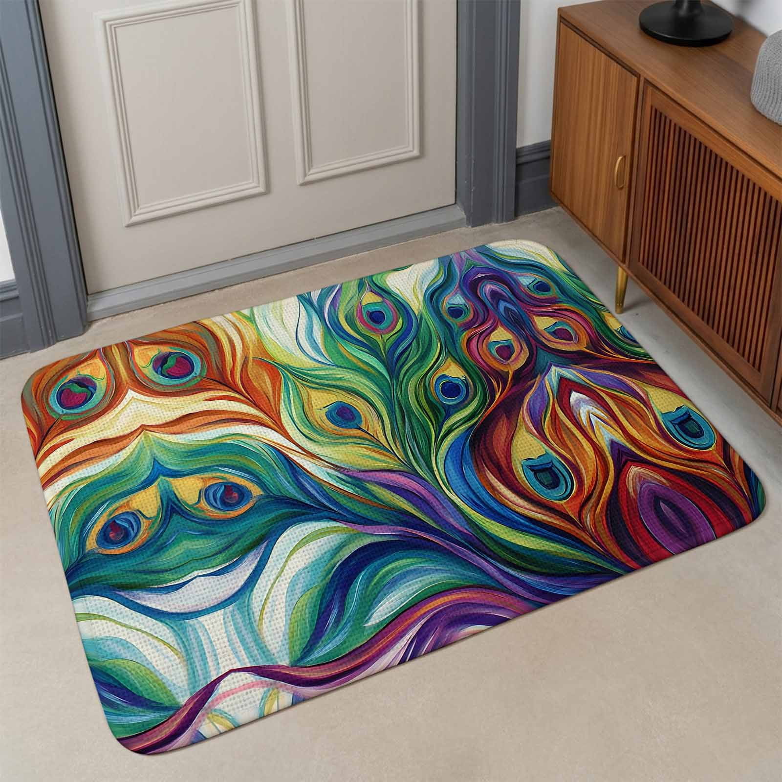 Abstract Peacock Feathers Front Door Mat Indoor Entrance, Colorful Oil ...
