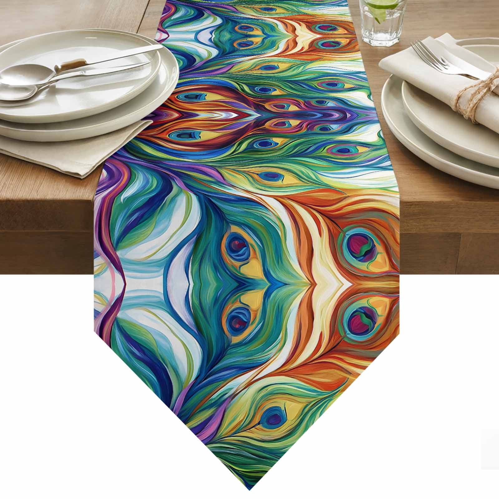 Abstract Peacock Feathers Table Runner 70 Inches Long Colorful Oil ...