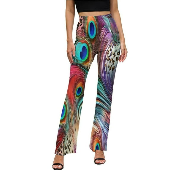 Abstract Peacock Leopard Swirl Art High Waisted Casual Flared Trousers ...
