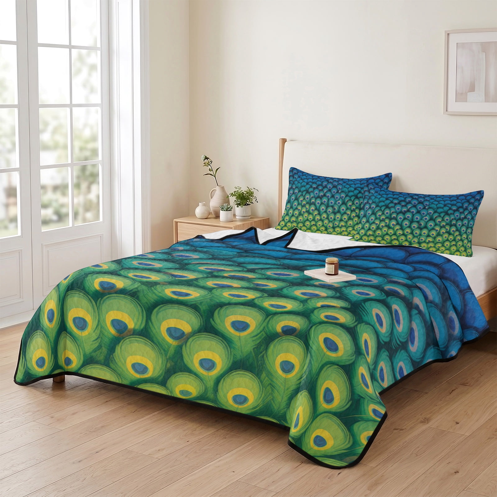 Abstract Peacock Texture 3 Pieces Quilt Set,1 Quilt with 2 Shams,Green ...