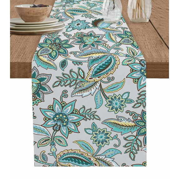 Abstract Pesley Ethnic Flower Leaves Vintage Turquoise Table Runner ration Home r Dinner Table ...