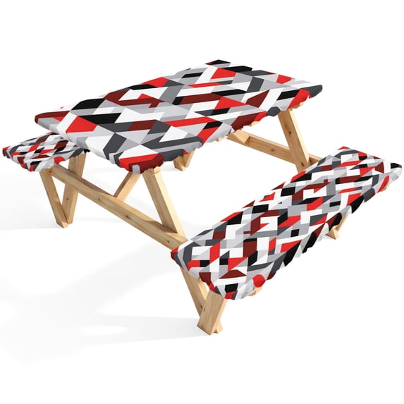 Abstract Picnic Table Cover with Bench Covers Red Black Geometric ...