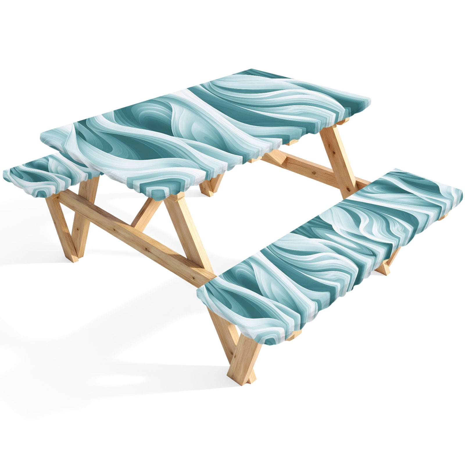 Abstract Picnic Table Cover with Bench Covers Teal Green Ocean Waves ...
