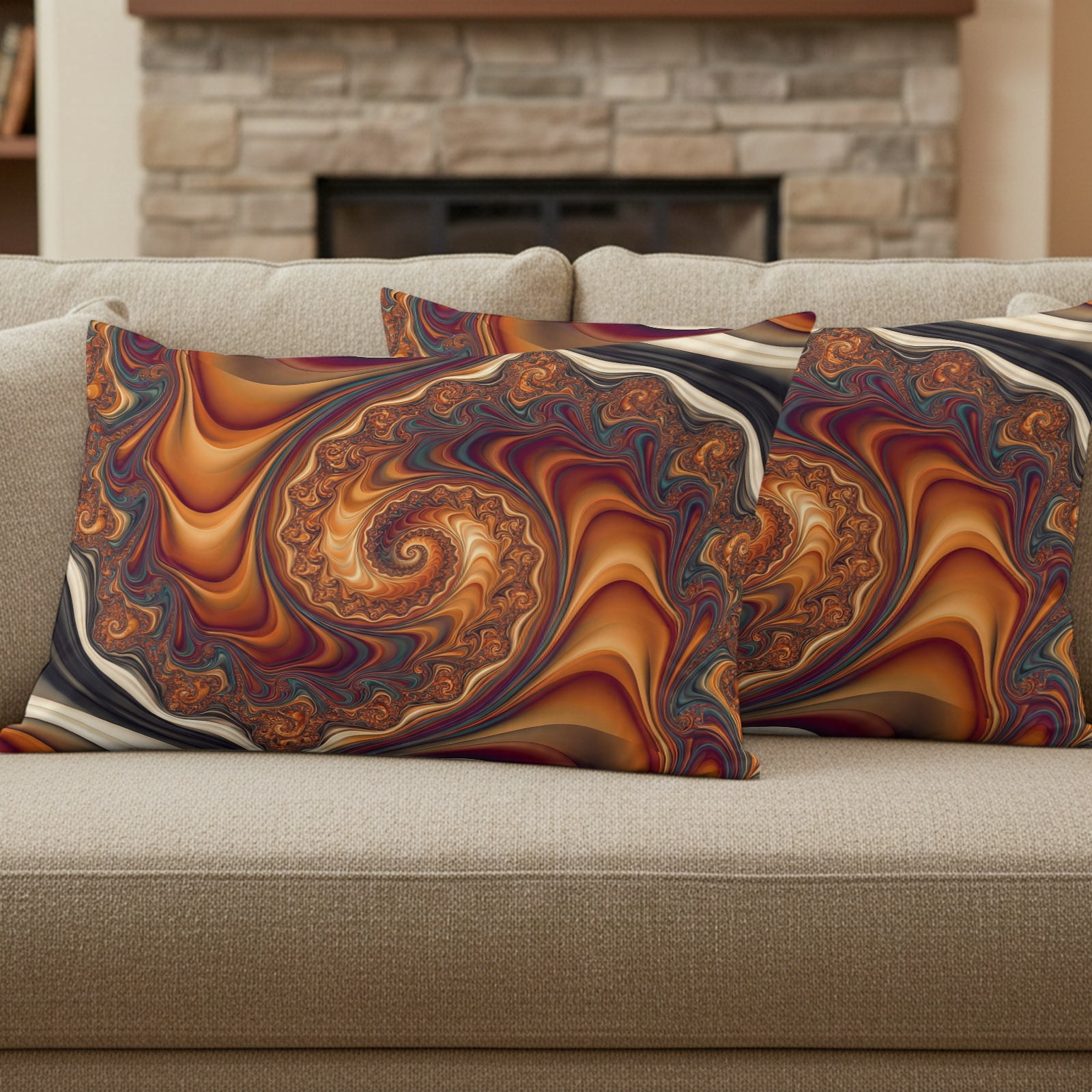Abstract Pillow Covers Set of 2, Swirling Shape Brown Gold Red Marble ...
