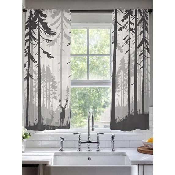 Abstract Pine Reindeer Silhouette Chiffon Sheer Curtains 72 Inches Long ...
