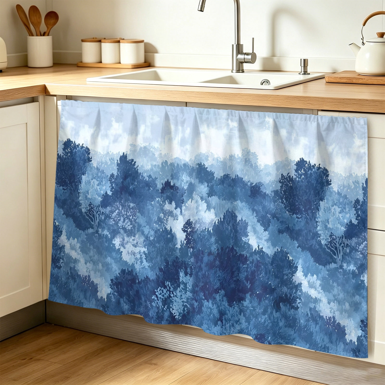 Abstract Pine Trees Cabinet Curtain 28"W x 51"L, Blue Forest Fogged ...