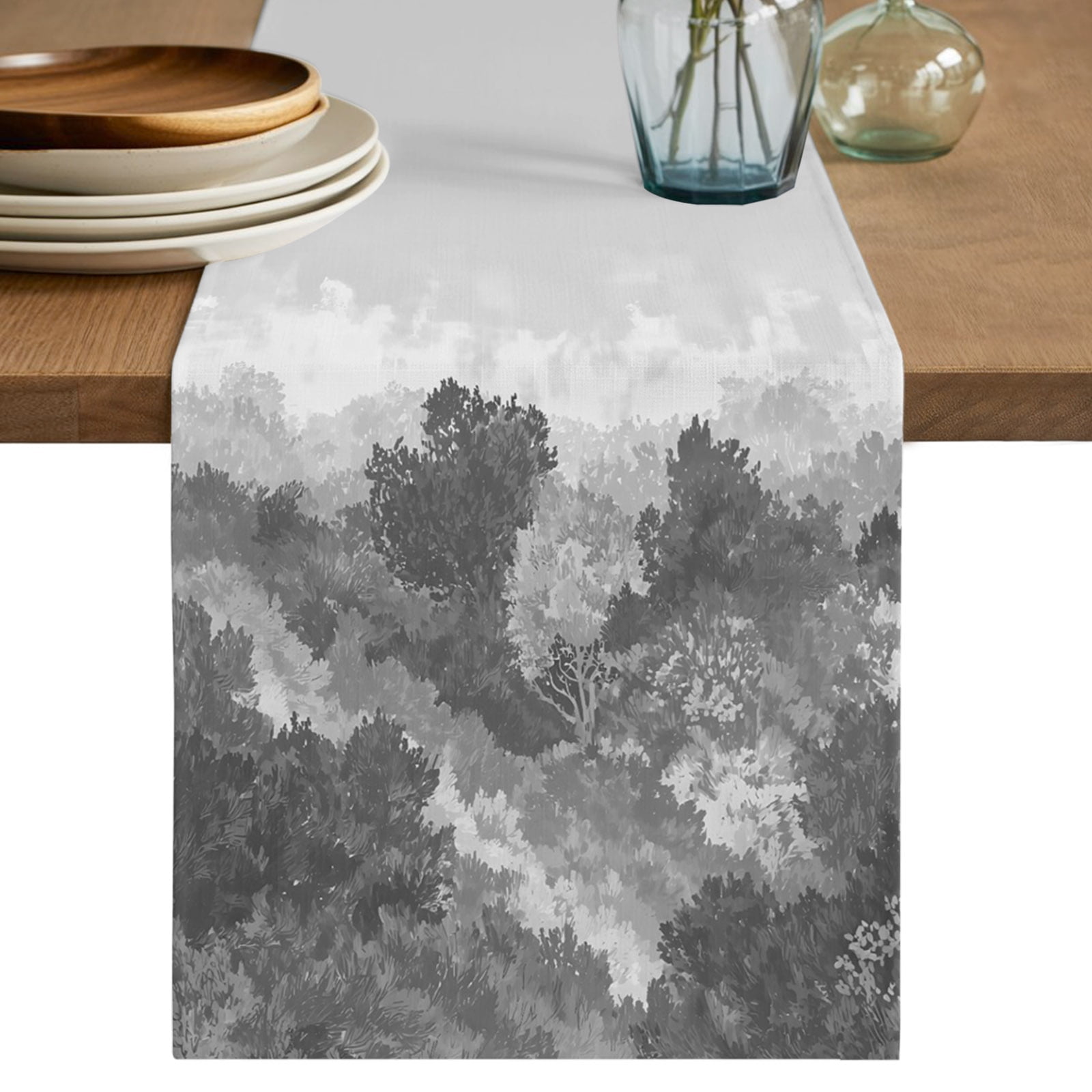 Abstract Pine Trees Table Runner 48 Inches Long,Gray Forest Fogged Mist ...