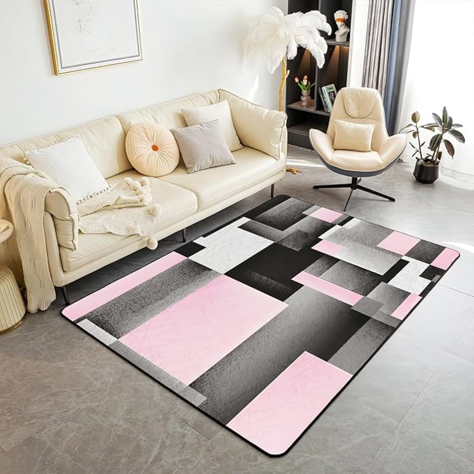 Abstract Pink Black Color Block Area Rug, Non Slip Living Room Rugs ...