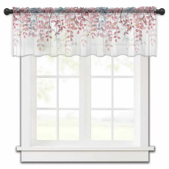 Abstract Pink Blue Leaf Branches Kitchen Curtains Tulle Sheer Short ...