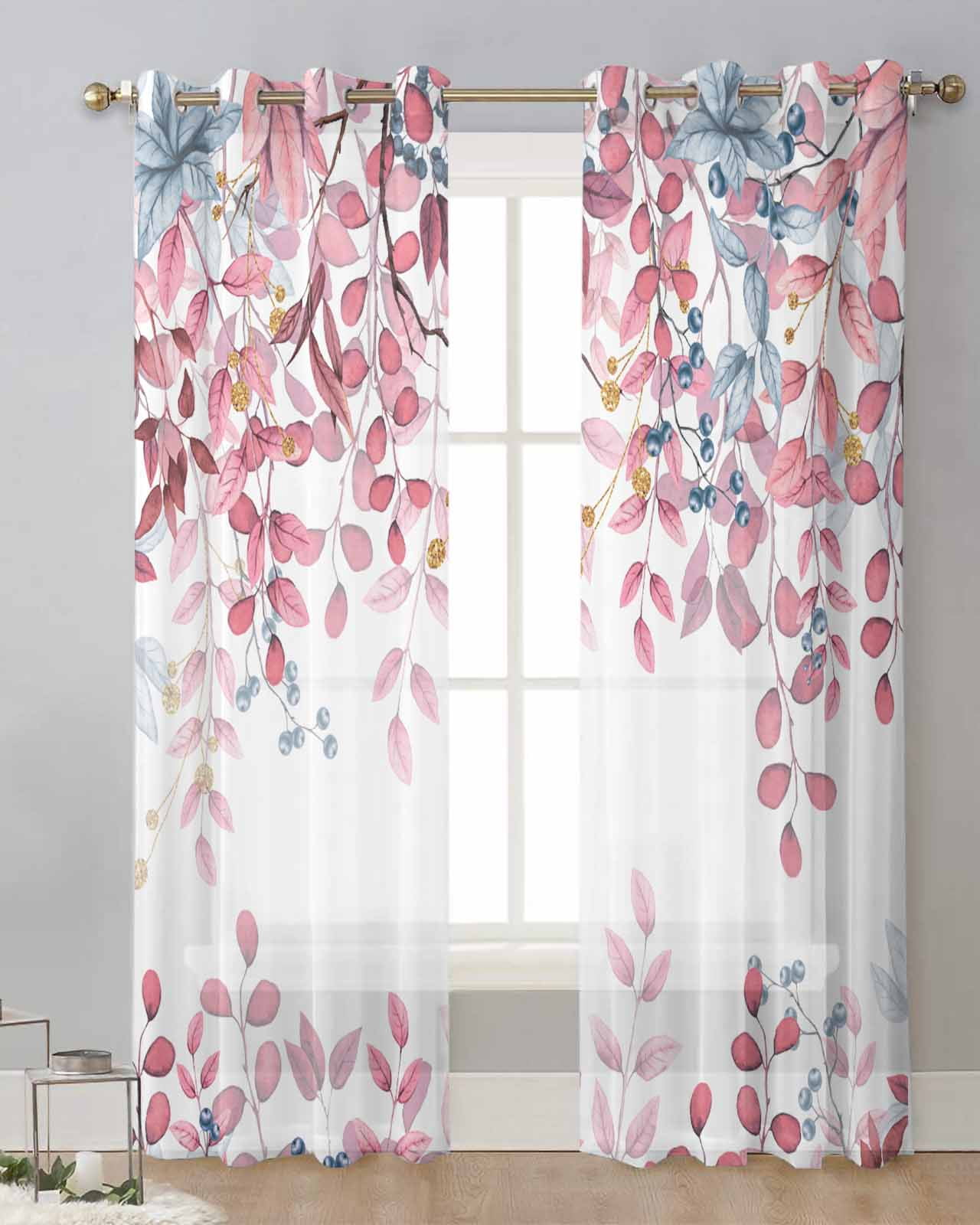 Abstract Pink Blue Leaf Branches Tulle Curtains Living Room Sheer ...