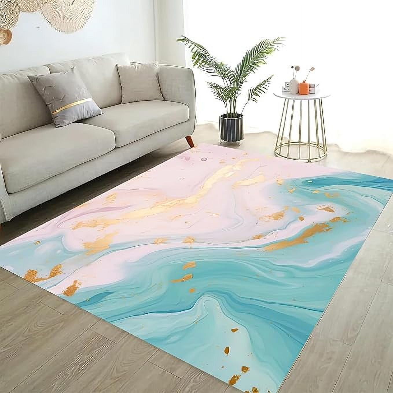 Abstract Pink Blue Marble Area Rug, Ladies Fashion Gradient Non Slip ...