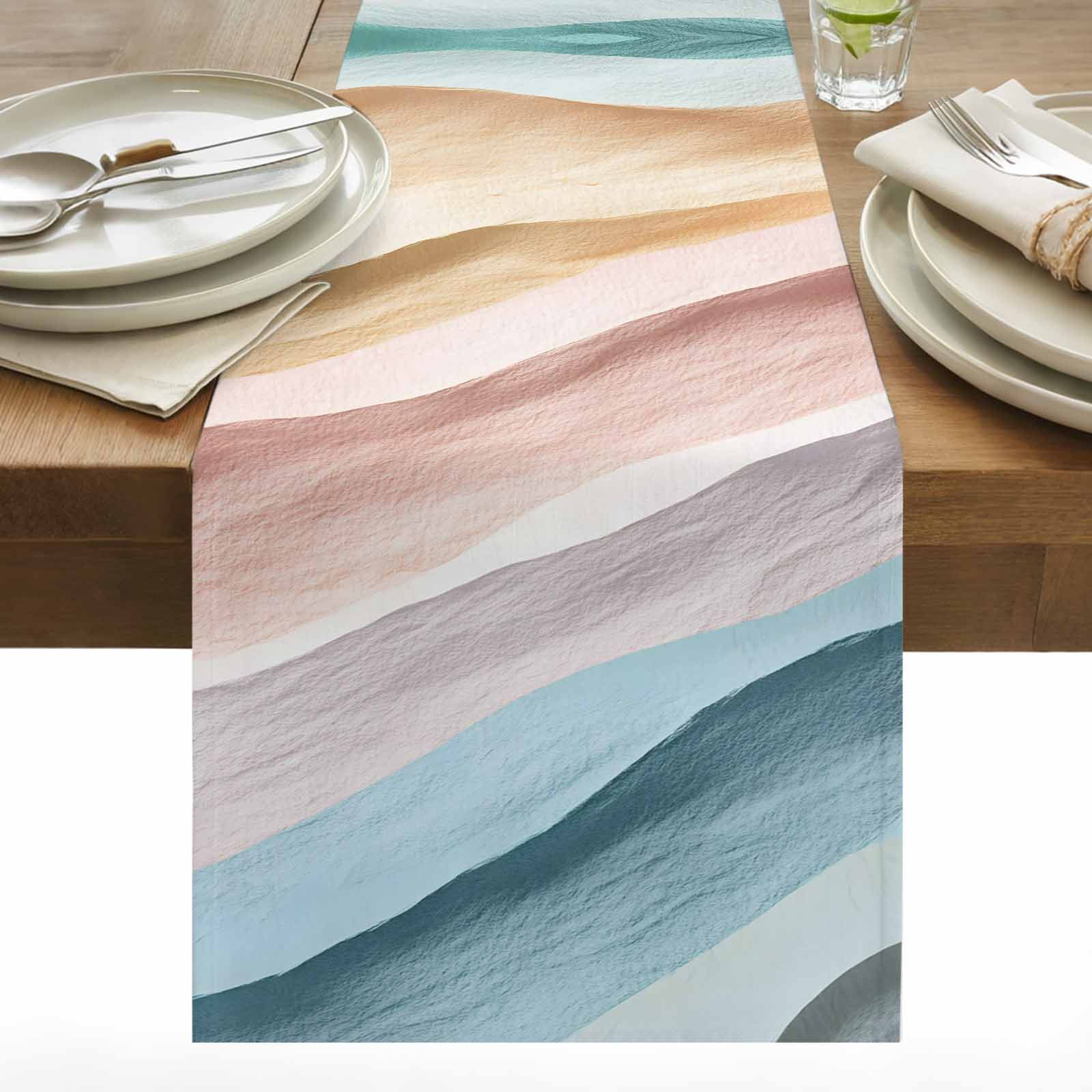 Abstract Pink Blue Wave Table Runner 13x72 inch Modern Art Cotton Linen ...