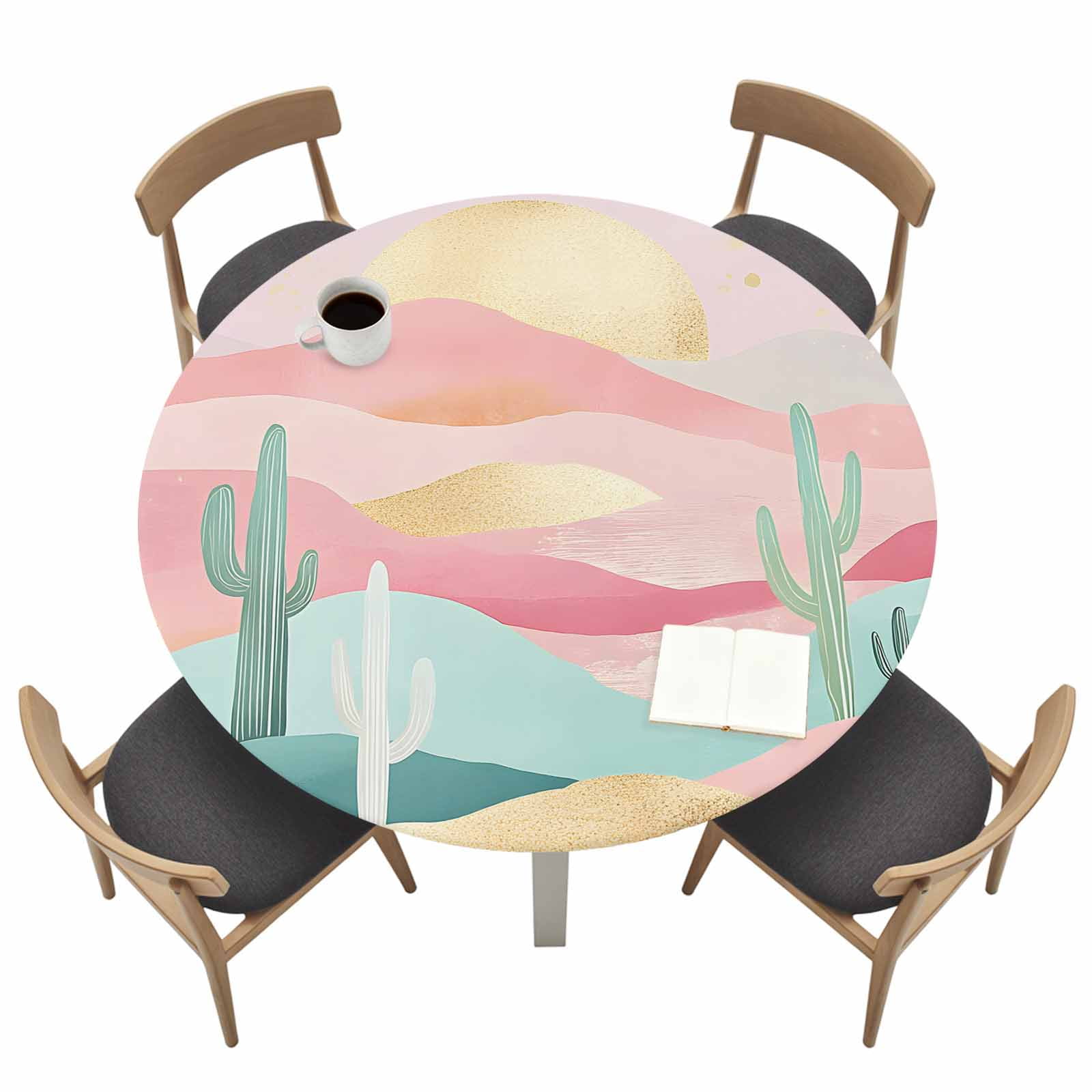 Abstract Pink Desert Round Fitted Tablecloth with Elastic Edge Cactus ...