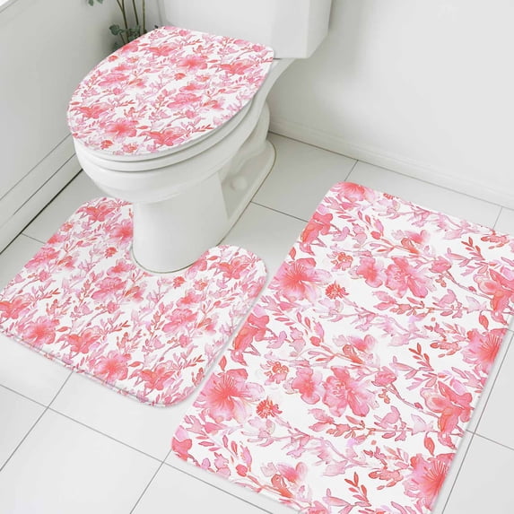 Abstract Pink Floral Bathroom Rugs Set Watercolor Plants Flowers Leaf ...