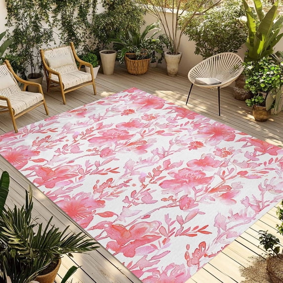Abstract Pink Floral Outdoor Rug, Watercolor Plants Flowers Leaf Non ...