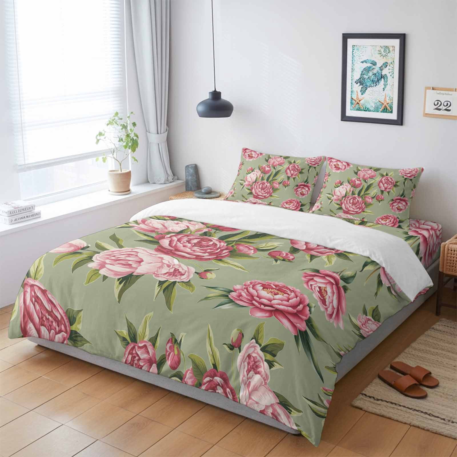 Abstract Pink Flowers on Green King Size Bed Set,Farm Floral Art ...