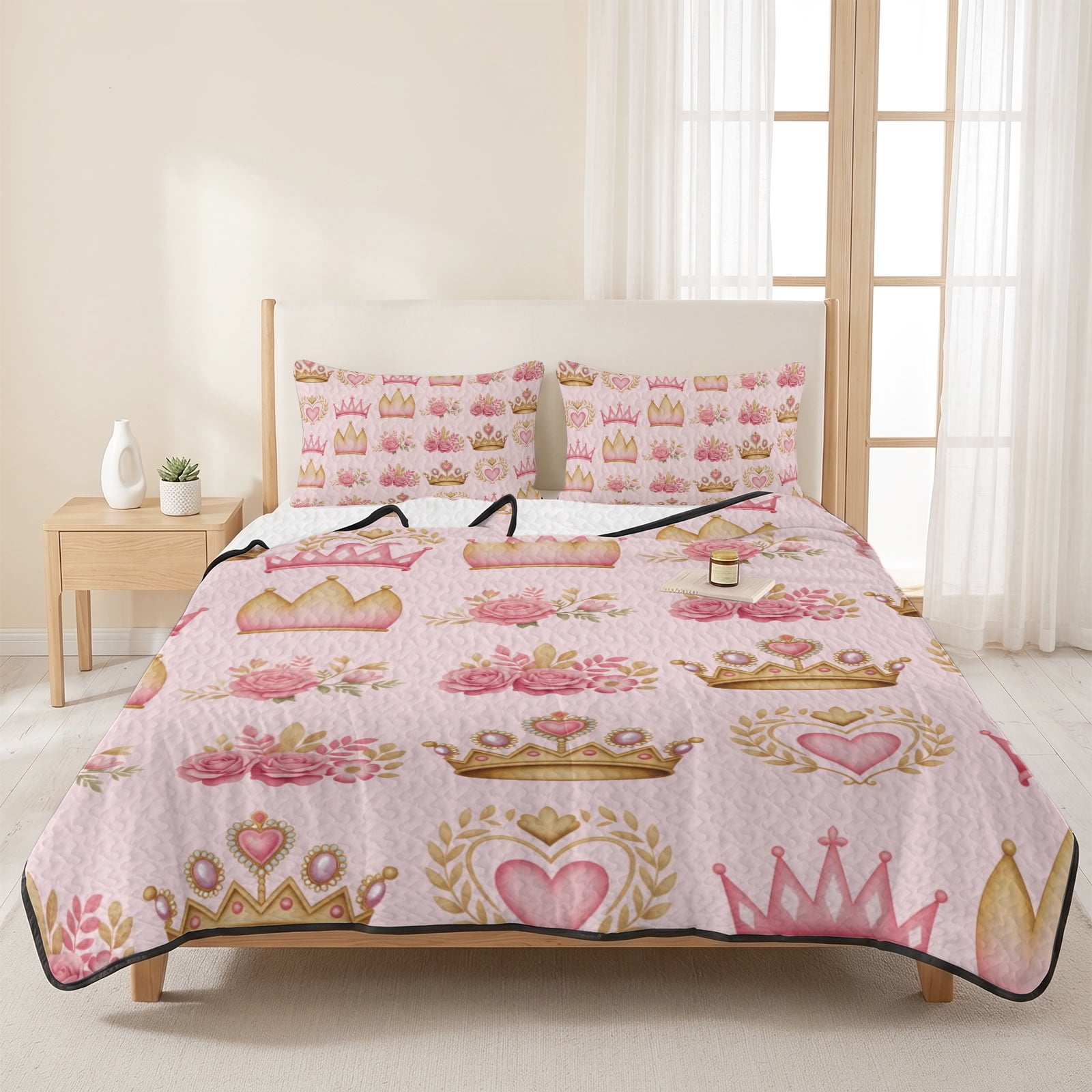 Abstract Pink Flowers Princess Crown 3 Pieces Quilt Set,1 Quilt with 2 ...