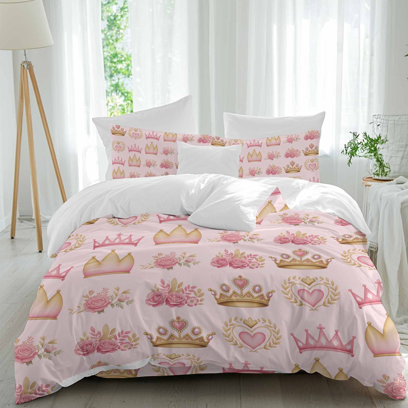 Abstract Pink Flowers Princess Crown Full Size Bed Set,Rose Love Heart ...