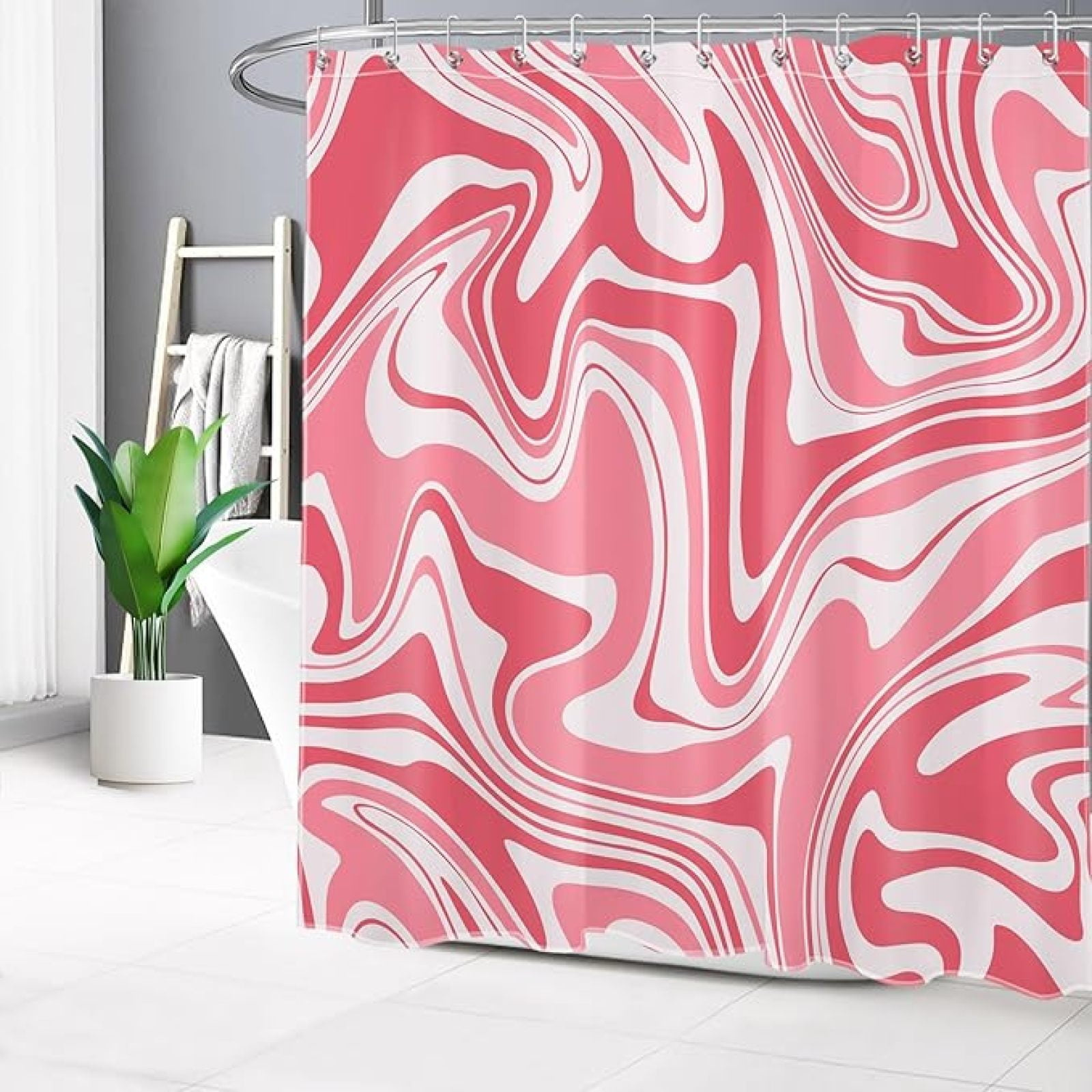 Abstract Pink Geometric Shower Curtain Pink And White Wavy Swirl ...