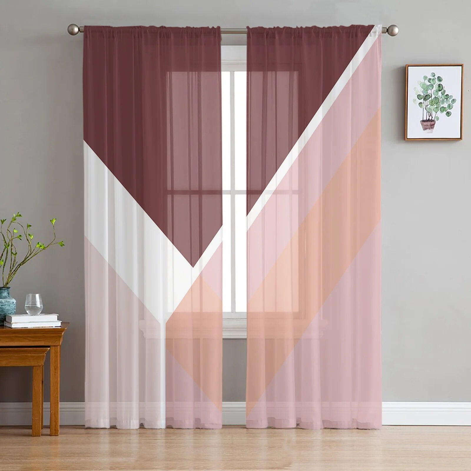 Abstract Pink Geometric Texture Tulle Curtains for Living Room Kitchen ...