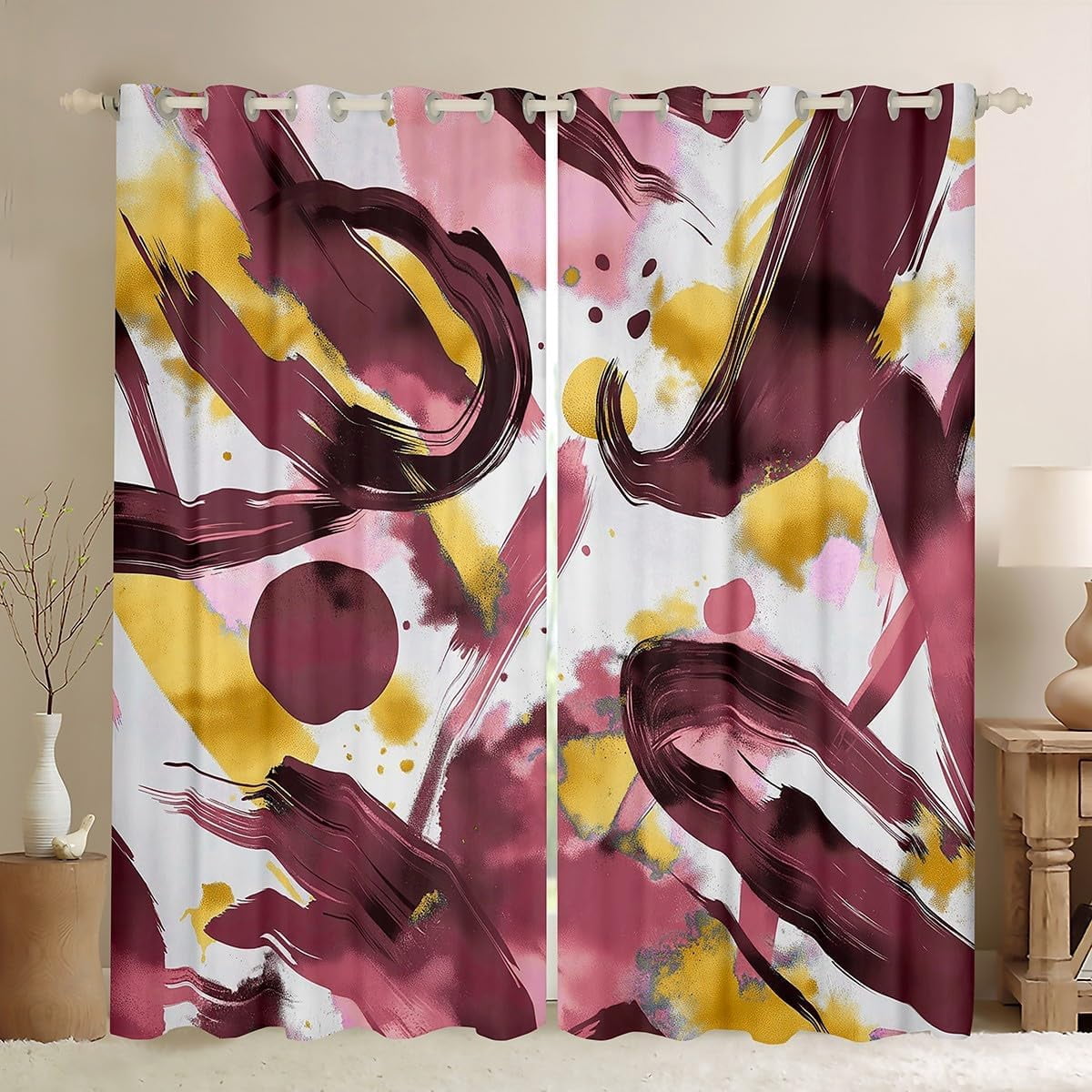 Abstract Pink Gold Blackout Curtains Boho Modern Geometric Darkening ...