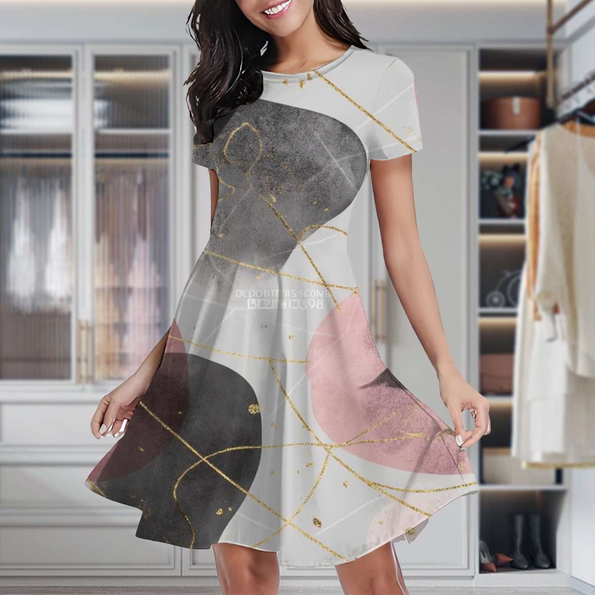 Abstract Pink Gold Design Women's Classic Swing Skater Dress Casual ...