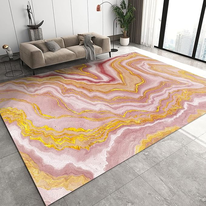 Abstract Pink Gold Marble Area Rugs, Rose Luxurious Curved Wavy Stripes ...