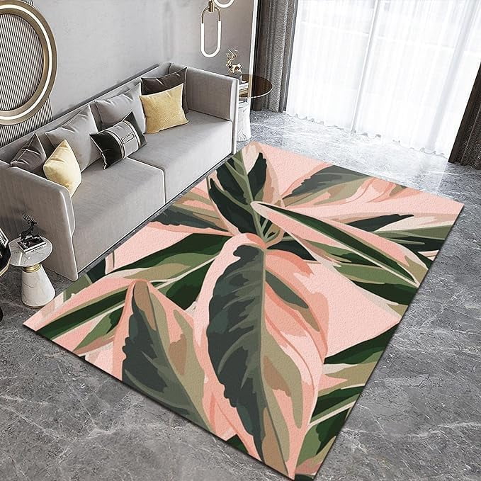 Abstract Pink Green Tropical Plants Area Rug, Nordic Banana Leaf Oil ...