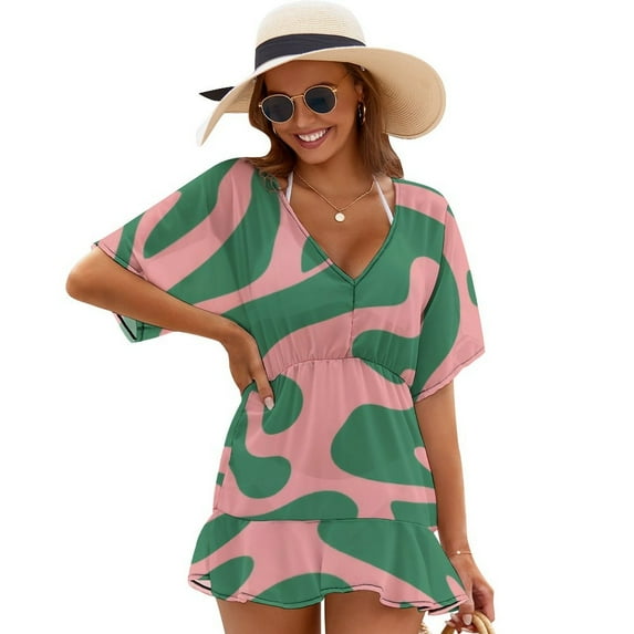 Abstract Pink Green Wavy Pattern Beach Cover Ups Women V Neck Short ...