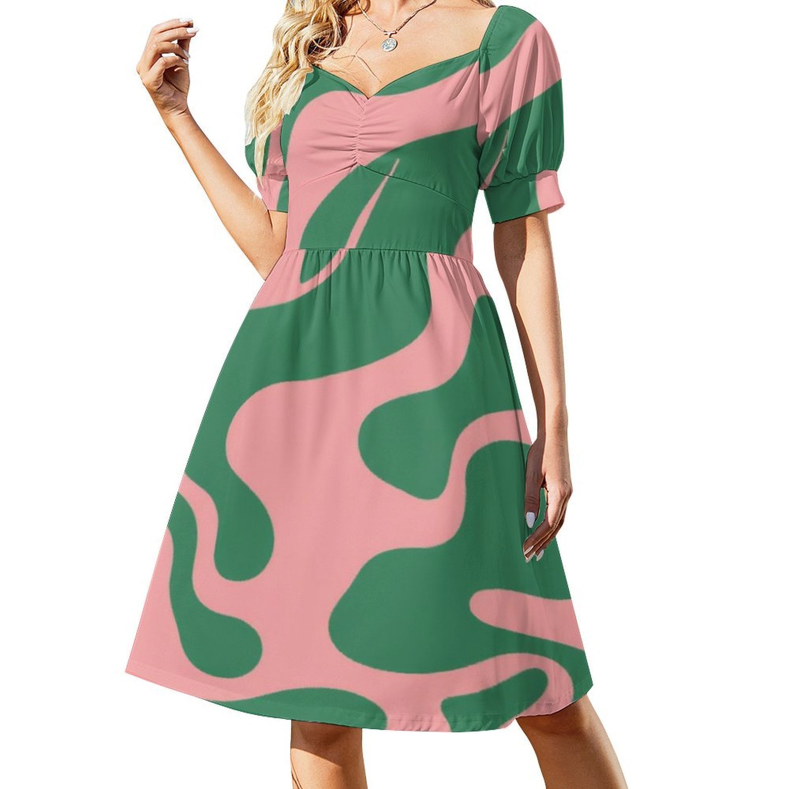Abstract Pink Green Wavy Pattern Short Sleeve Dress Clothes Women's ...