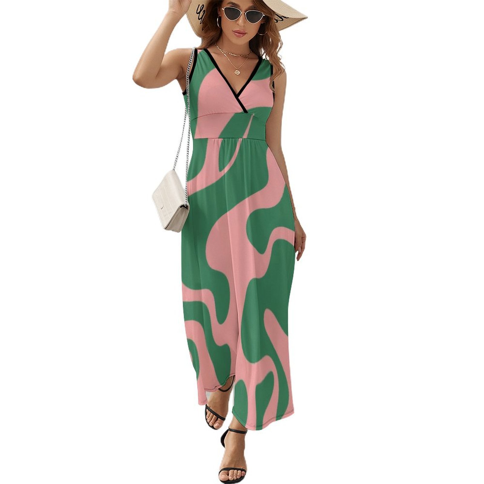 Abstract Pink Green Wavy Pattern Sleeveless Dress Summer Women Clothes ...