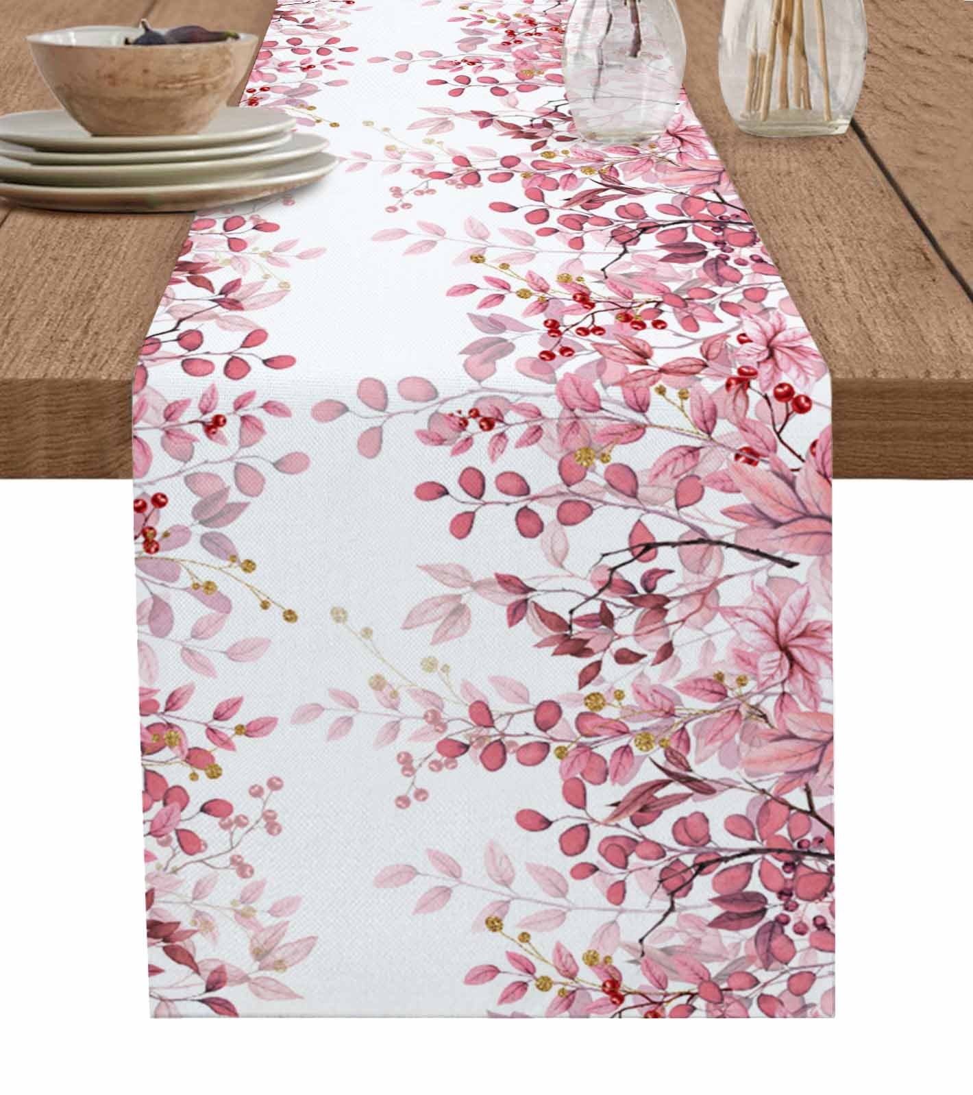 Abstract Pink Leaf Branches Table Runner Party Dining Table Cover Cloth ...