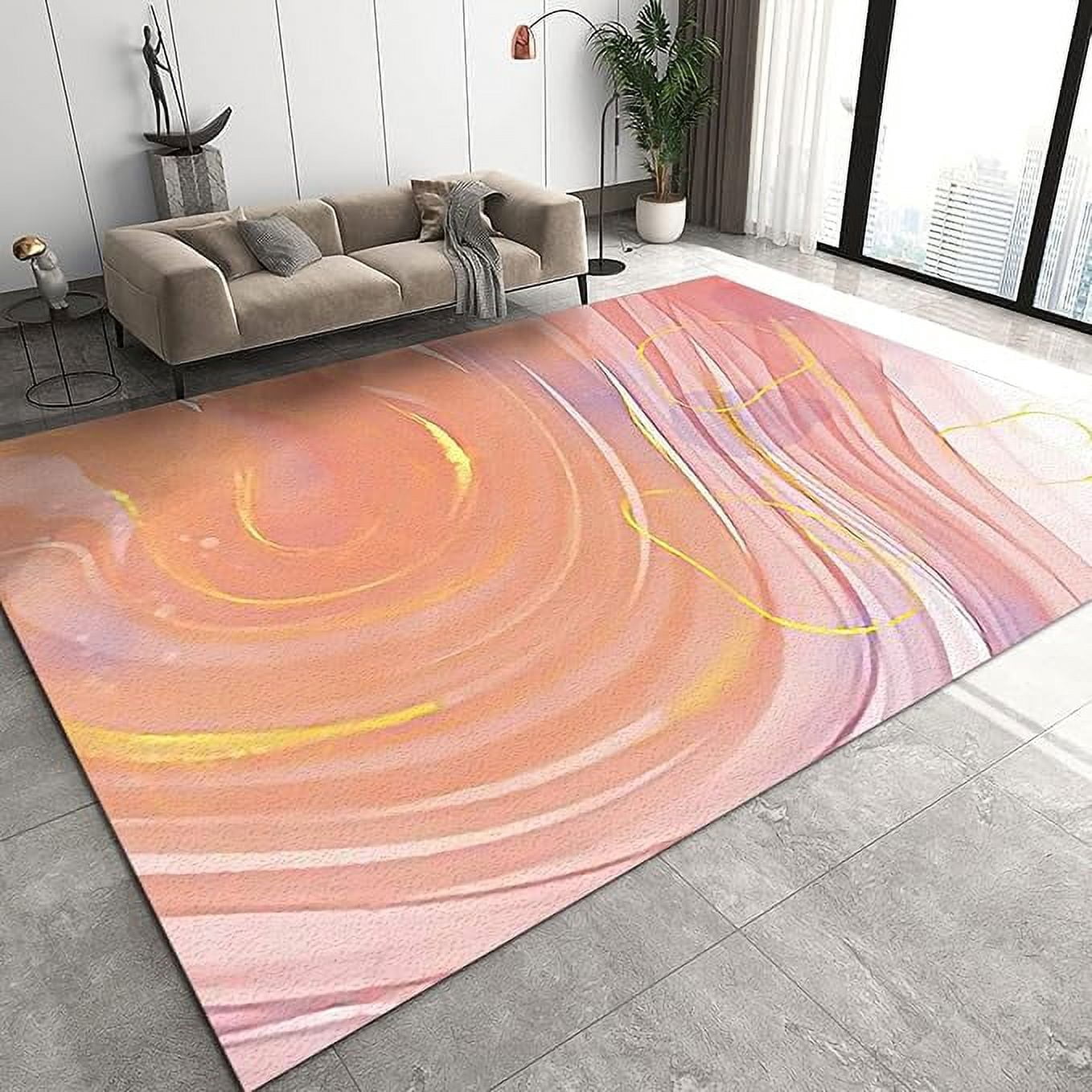 Abstract Pink Marble Area Rug, Neon Color Golden Circle Indoor Non-Slip ...