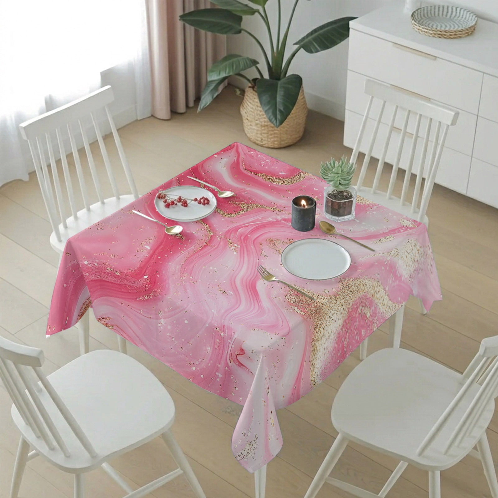 Abstract Pink Marble Gold Stripe Table Cloth 54x54in, Waterproof Square ...