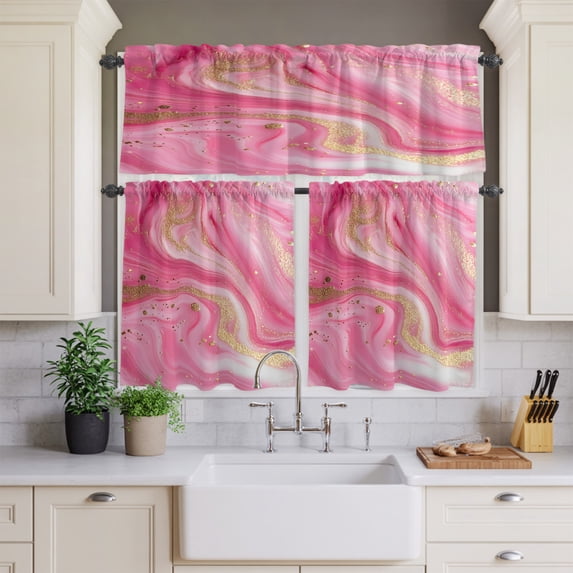 Abstract Pink Marble Texture Curtain Tier and Valance Set 3 Piece,Gold ...