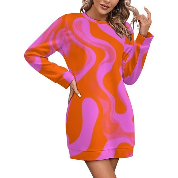 Abstract Pink Orange Wavy Lines Women Elegant Long Sleeve Warm Dress ...