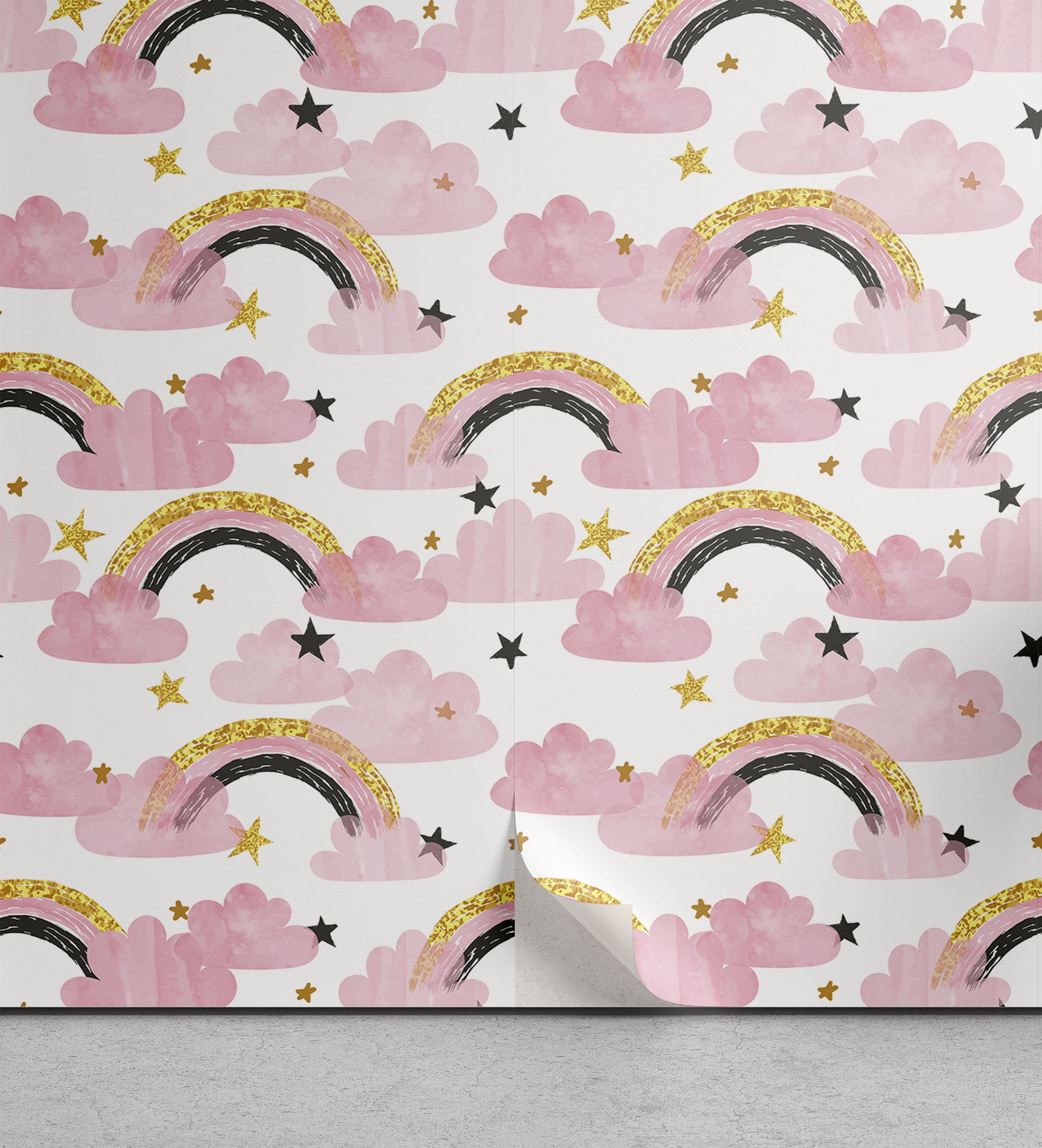 Abstract Pink Peel & Stick Wallpaper, Watercolor Clouds Rainbow Sky ...