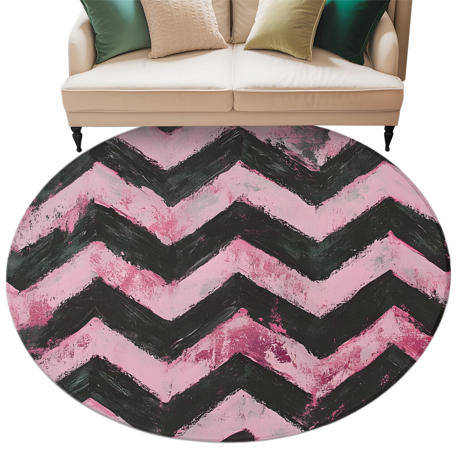 Abstract Pink Round Rug 7ft Washable Circle Rugs Non Slip Geometric ...