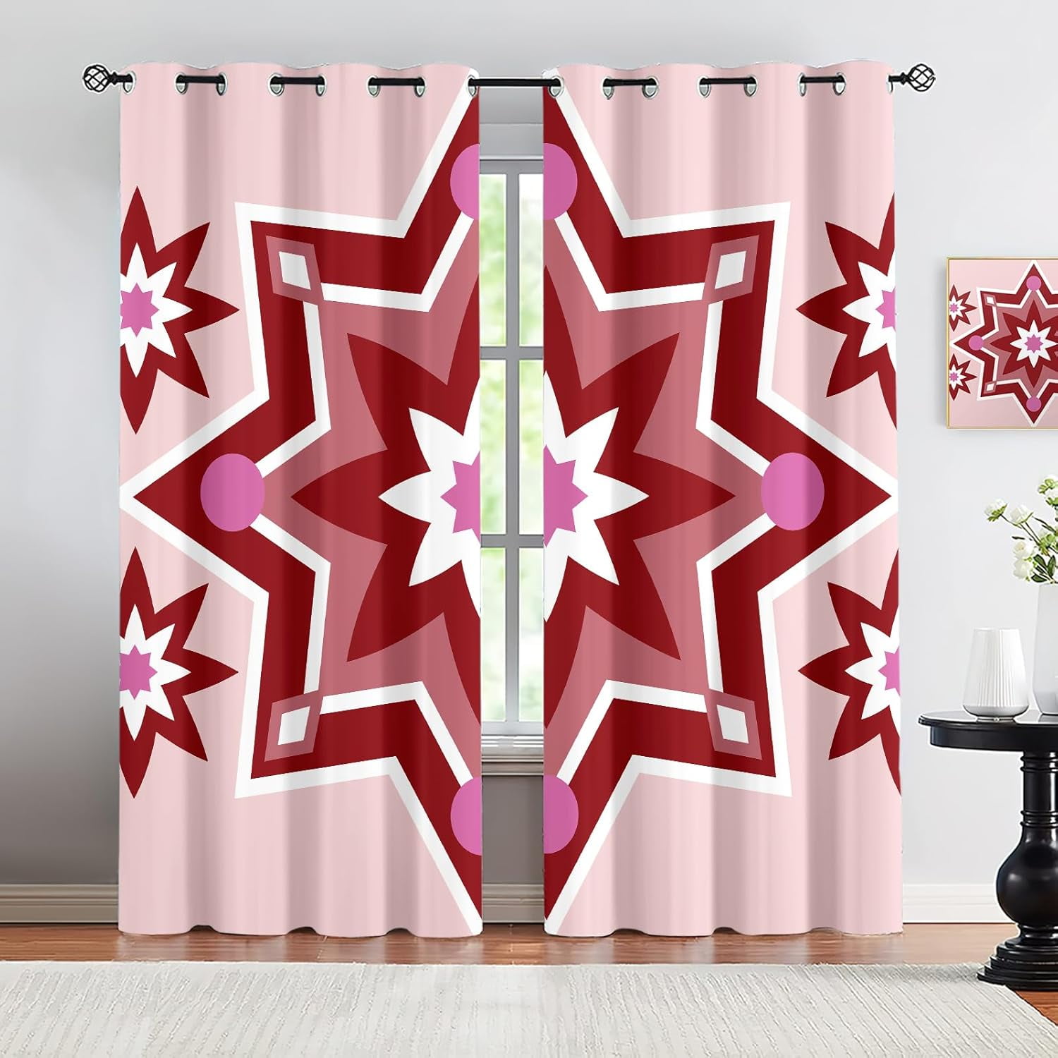 Abstract Pink Snowflakes 3D Print Insulated Drapes, Creative Geometric Pattern Blackout Window ...