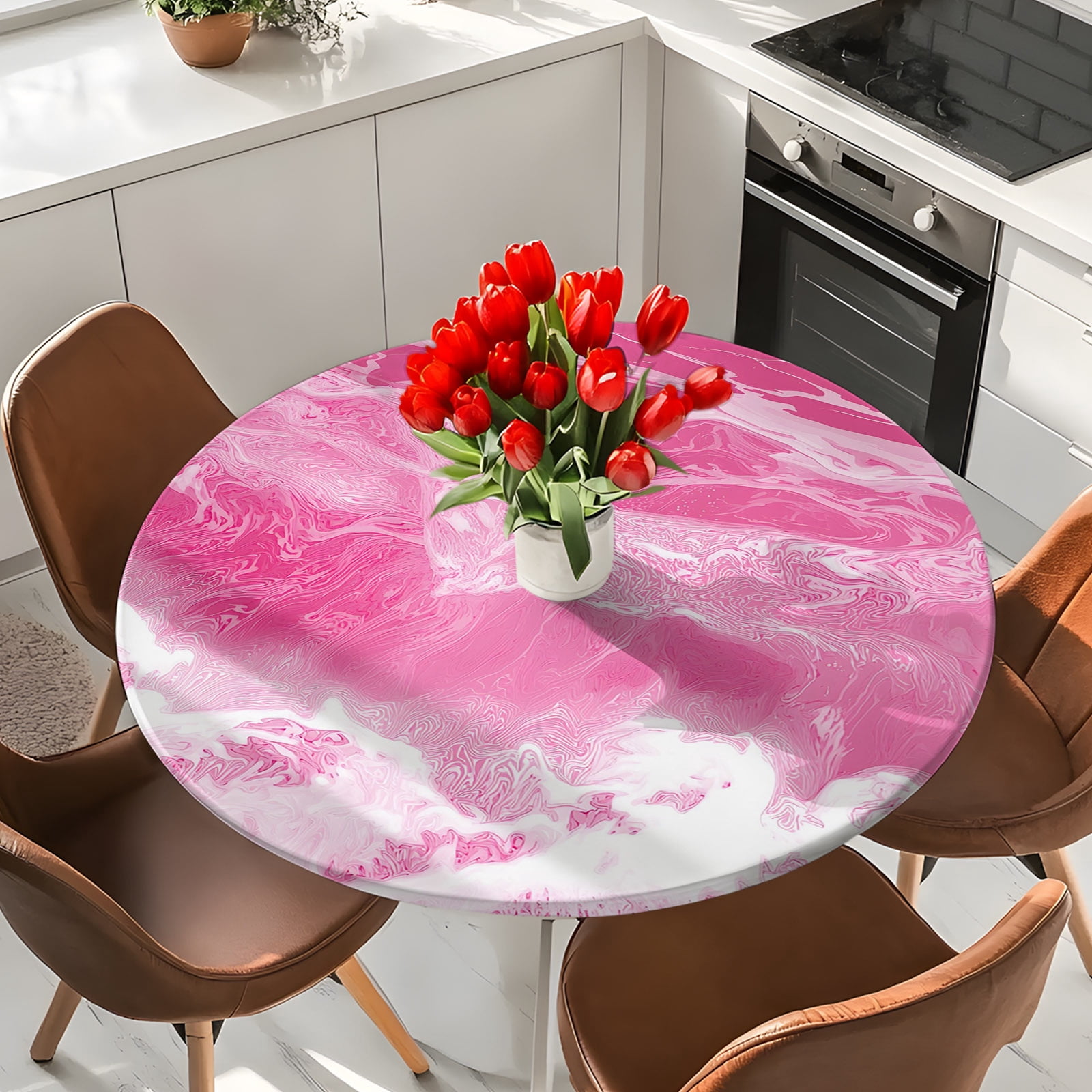 Abstract Pink White Ocean Wave Round Fitted Tablecloth with Elastic ...