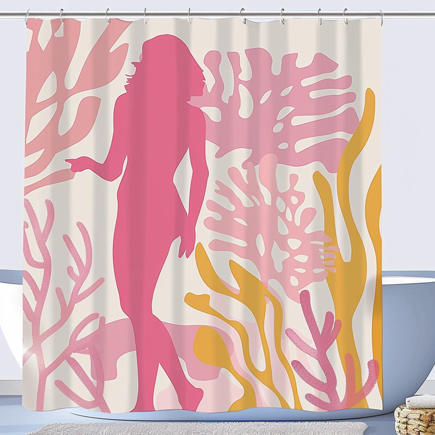 Abstract Pink Woman Silhouette Shower Curtain Tropical Coral Reef